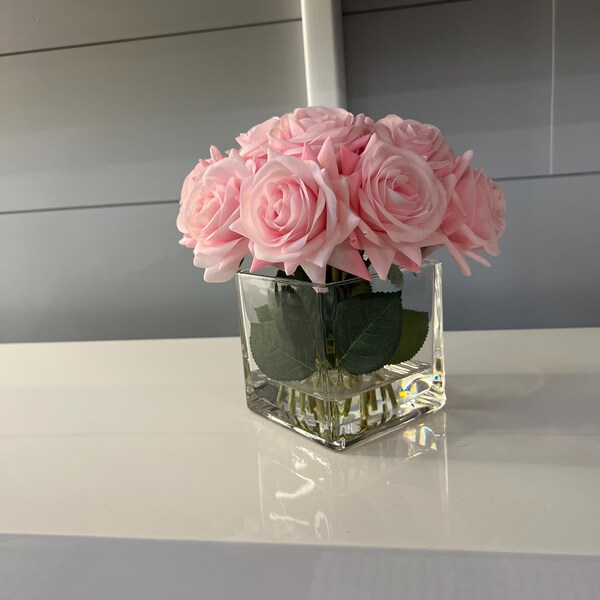 Austin Roses in Gold Vase, Floral Decor Centerpiece, Faux Florals ...