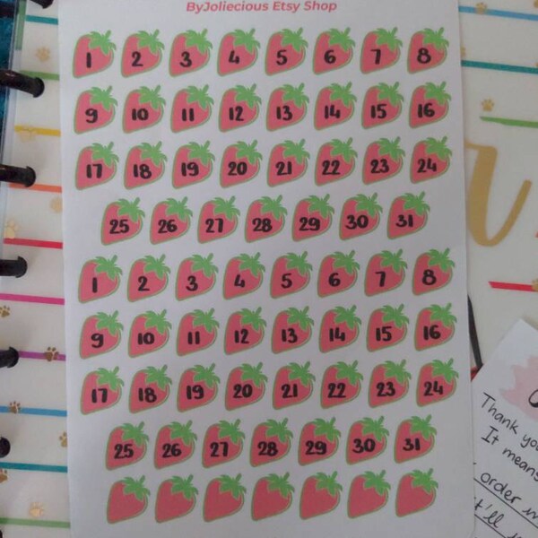 Cute Strawberry Date Number Stickers for Planner, Number Stickers for ...