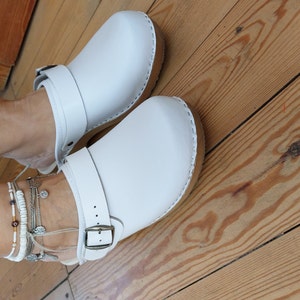 Swedish Clogs Sweden Low Wood White Leather / Wooden Clogs / Clog Mens ...