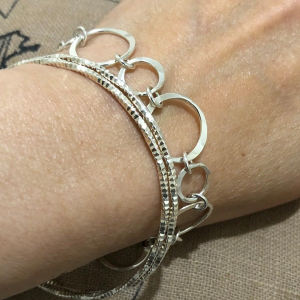 Handmade Sterling Silver Circles Chain Bracelet: Hammer Textured Unique ...