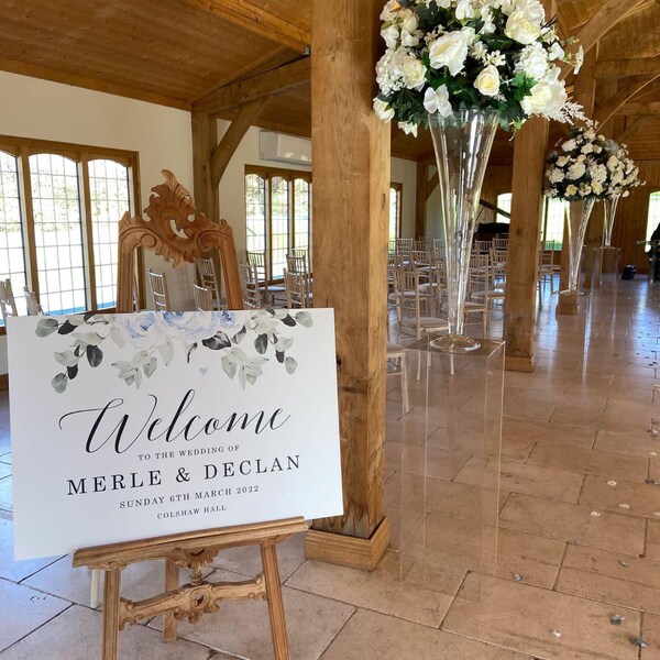 Baby Blue Floral Welcome to Our Wedding Sign, Wedding Board, Dusky Blue ...