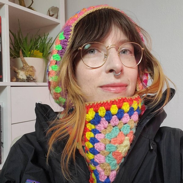 Crochet Balaclava Scarf, Granny Square Colorful Balaclava Scarf, Unisex ...