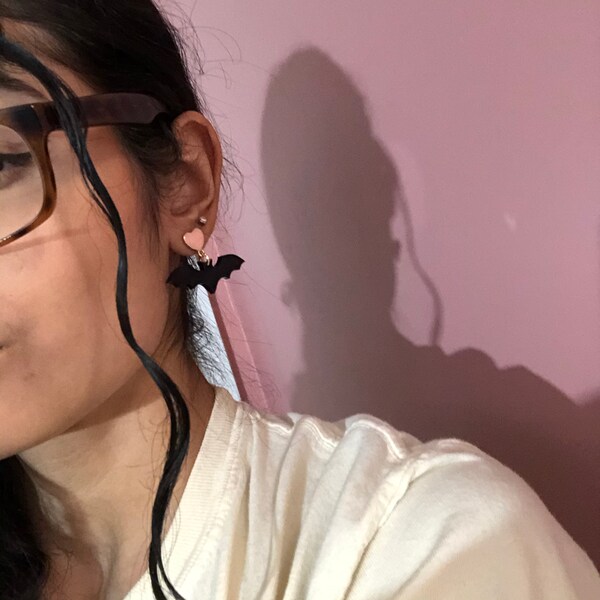 Pink Enamel Heart Black Bat Earrings - Etsy