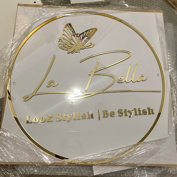 Personalized Acrylic Business Sign, Golden Lettering, Salon Wall Decor ...