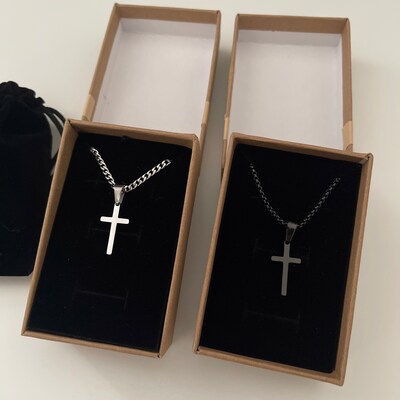 Men's Small Cross Necklace, Men Black Cross Necklace, Men Silver Cross ...