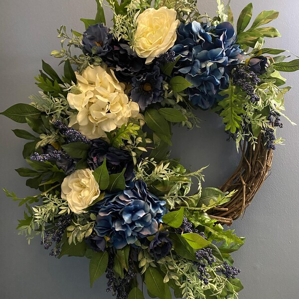 Blue and White Anemone Spring Wreath for Front Door Blue Summer Wreath ...