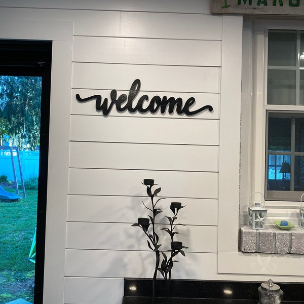 Welcome Script Word Wood Sign, Wooden Words, Sign Art, Rustic Cursive ...