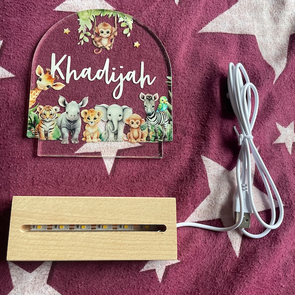 Personalised LED Animal Lamp, Kids Night Light Gift, Safari Jungle ...