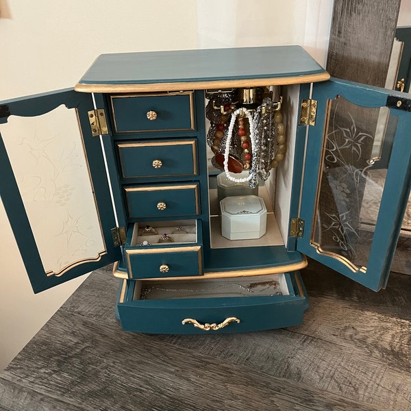 Musical Navy Jewelry Box, Ladies Upcycled Jewelry Armoire, Woman's ...