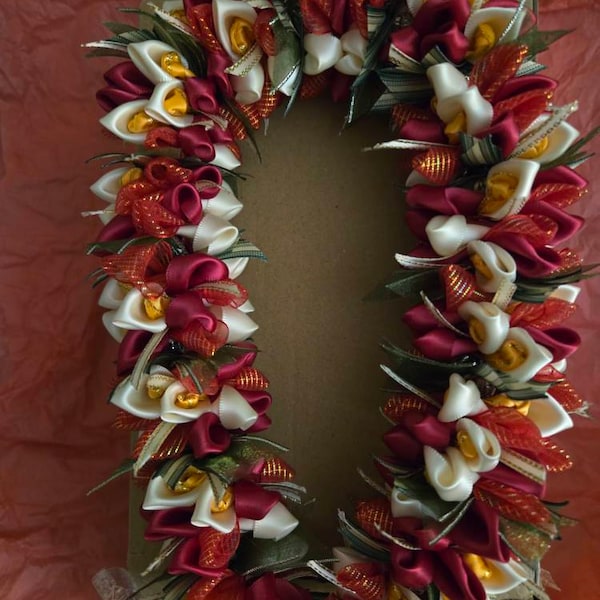 Plumeria Spiral Ribbon Lei W/ Wood Beads - Hawaiian Lei - Graduation ...