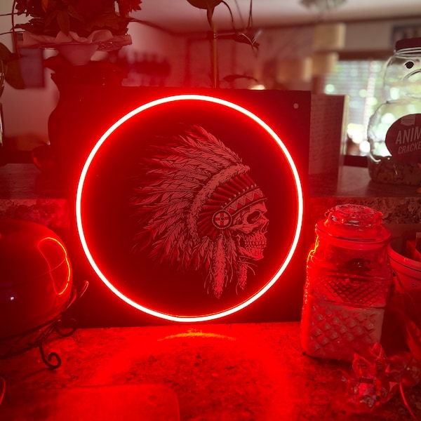 Tribal Skull Neon Sign: Indigenous Chief Headdress, Red Ambient Light ...
