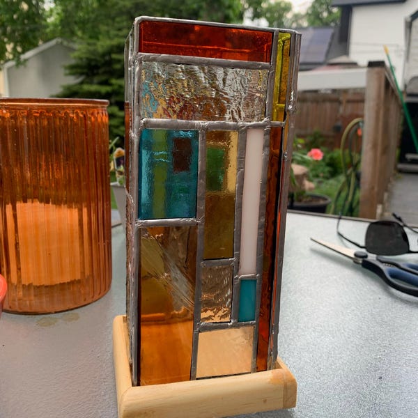 Stained Glass Hurricane Style Candle Holder With Wooden Base - Etsy