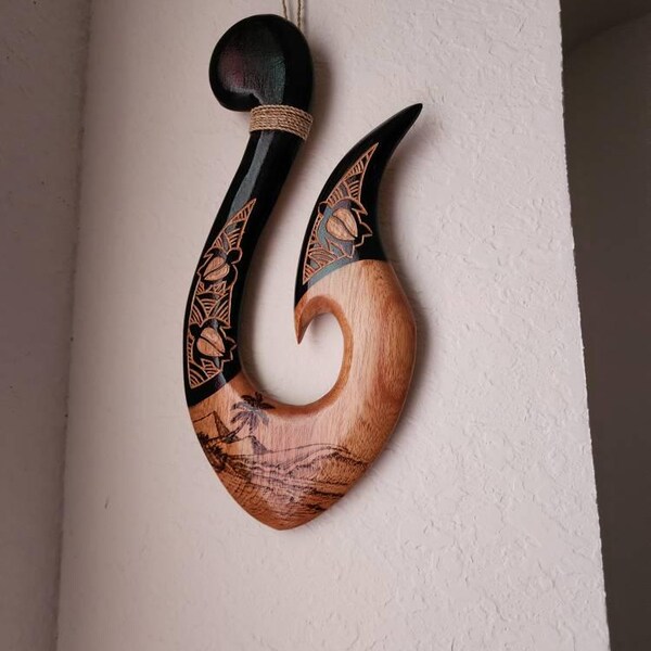 Hawaiian Hand Made Wall Decor Plaques Solid Wood Polynesian Fish Hook ...
