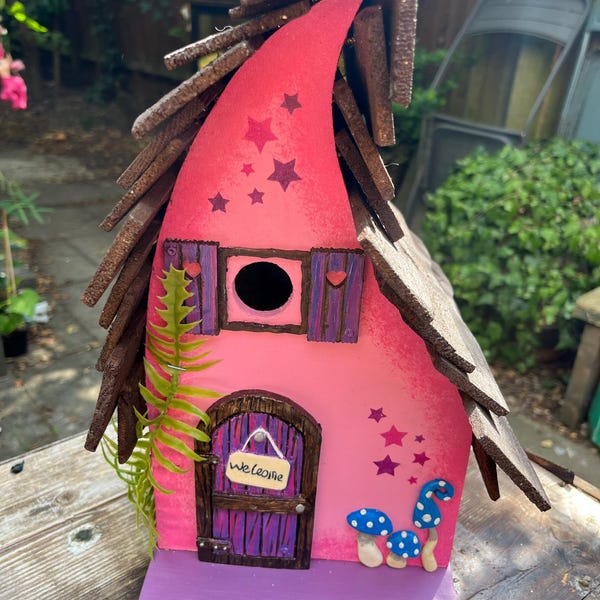 Whimsical Bird House Featuring a Fox, Owl, Lantern and Fairy Door. This ...