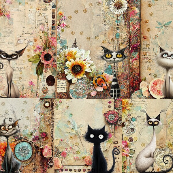 Set of 40 Quirky Whimsy Cats Png + 20 Backgrounds + Sheets - Card ...