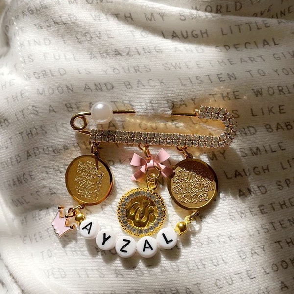 Personalized 4 Qul Ayatul Kursi Allah Pink Blue Diamante Baby Pin ...