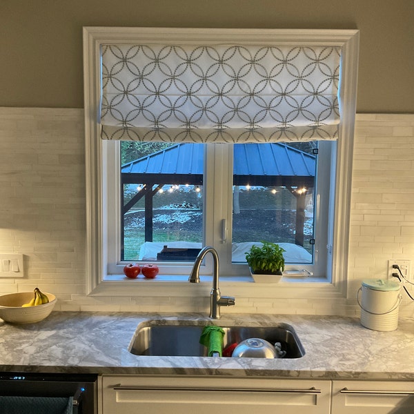 Custom Roman Shade, Metric Silver With Geometric Embroidery Pattern ...