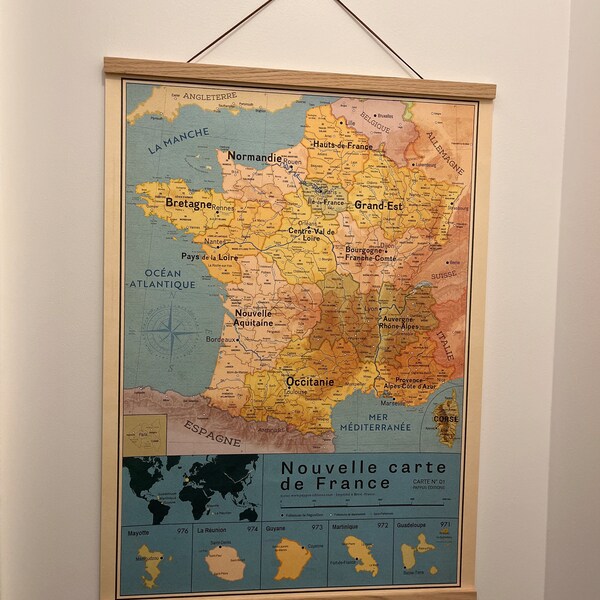 French Poster Current World Map XL Vintage Style Detailed Planisphere ...