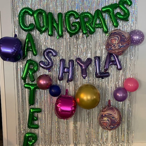 Congrats Balloon Banner W/ Custom Name Letter Balloons - Gold, Rose ...