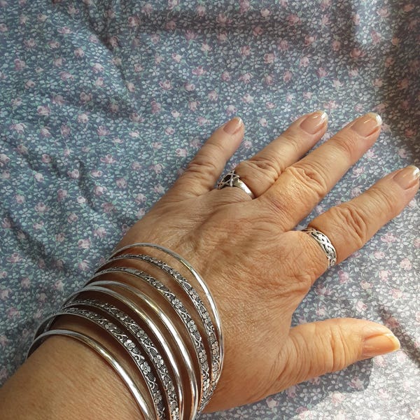 Solid Silver Bangle, Set of 8 Bangle, Silver Bangle, Handmade Bangle, Women Bangle, Wide Boho ...