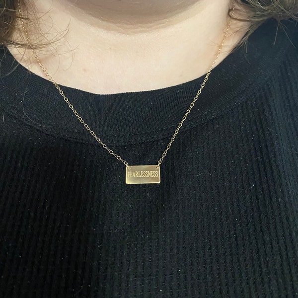 14K Solid Gold FEARLESS Necklace • Personalized Affirmation Tag Pendant ...