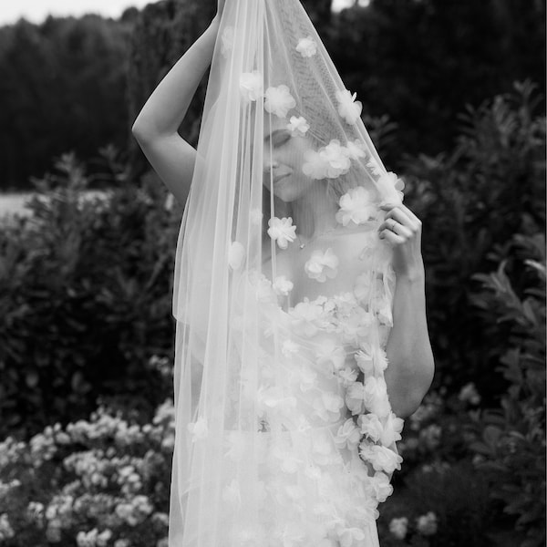 Handmade Cathedral Wedding Veil: Scattered Petals, Floral Bridal Veil ...