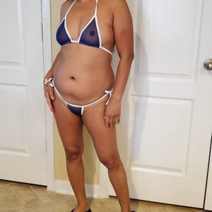 Teal Sequin Mesh semi Sheer & Neon Aqua Trim Medium Coverage Top Scrunch Butt Bottom Micro ...