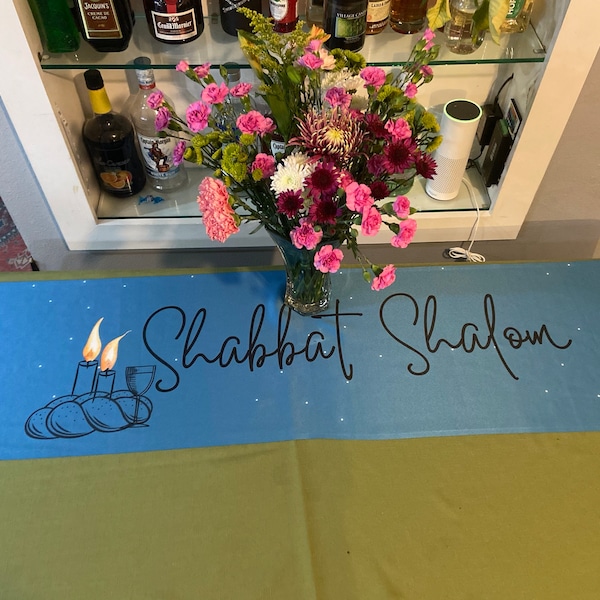 Shabbat Shalom Table Runner - Blue Stars Shabbat Table Decor - Jewish ...