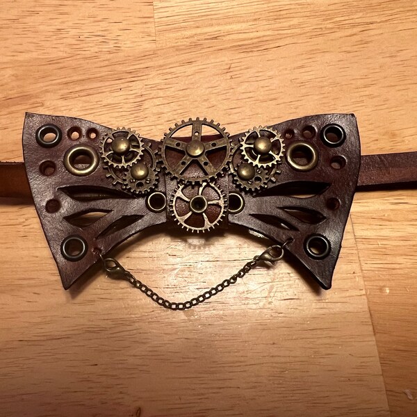 Steampunk Brown Leather Bow Tie, Gear Clockwork Bow Tie, Adjustable ...