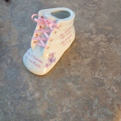1 Personalized Bright White Porcelain Baby Shoe Bootie Keepsake Newborn ...