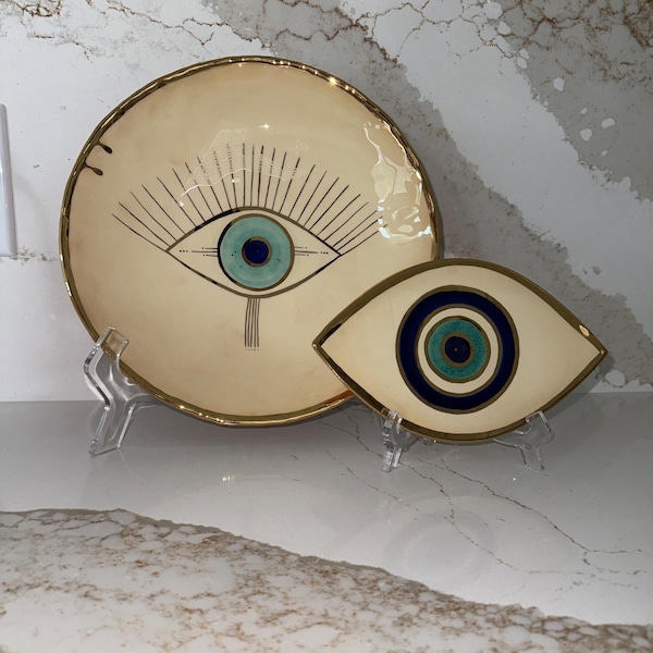 Handmade Evil Eye Plate: Gold Trim Porcelain Dish, Nazar Wall Art - Etsy