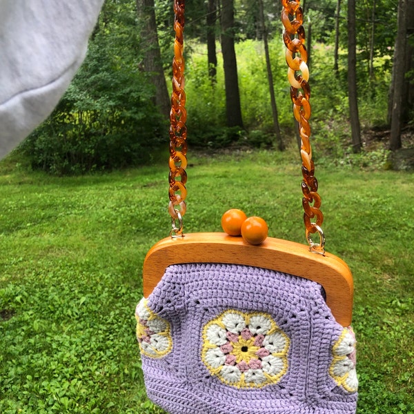 Crochet Lilac Bag, Granny Square Bag, Sunflower Crochet Bag With Wooden ...