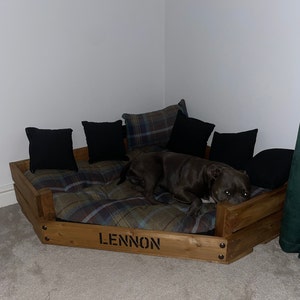 XL Personalised Rustic Wooden Corner Dog Bed in Grey Fabric - Etsy