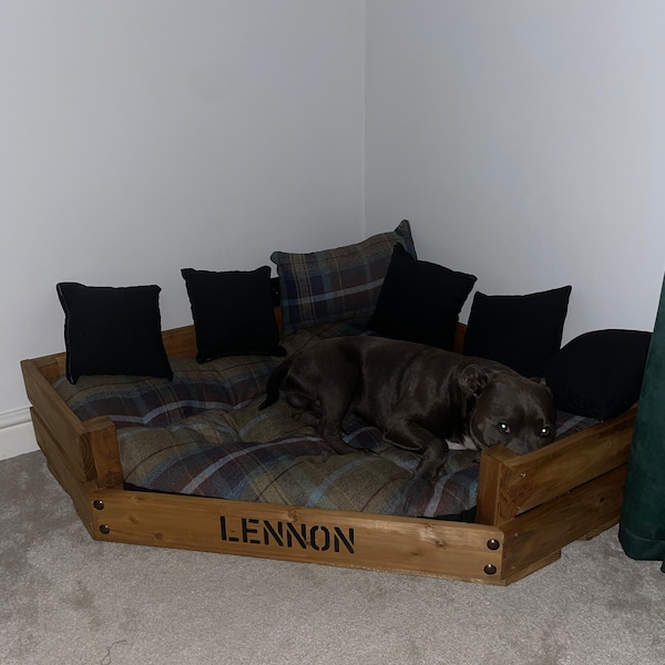 XL Personalised Rustic Wooden Corner Dog Bed in Grey Fabric - Etsy