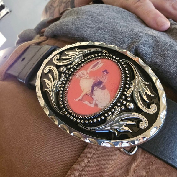 Cowboy Riding Jackrabbit Belt Buckle - Western Silver Metal Buckle - Etsy