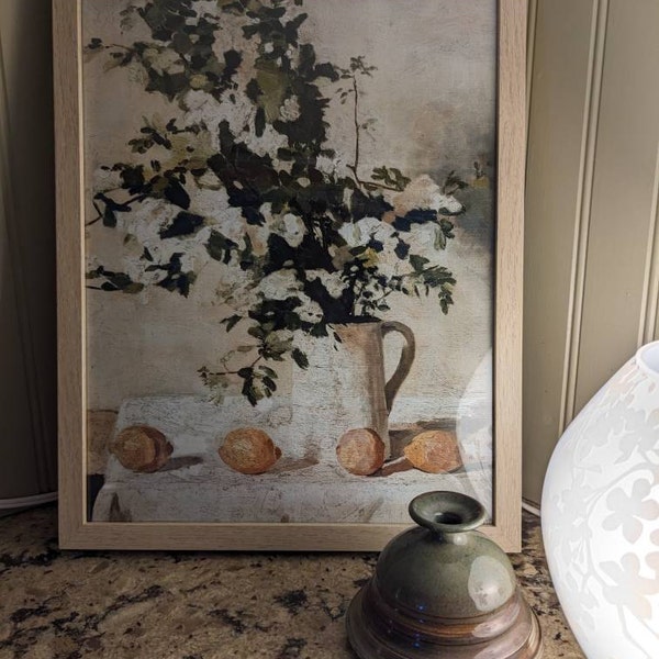 Neutral Still Life Oil Painting / White Flower Vase Art Print / Vintage ...