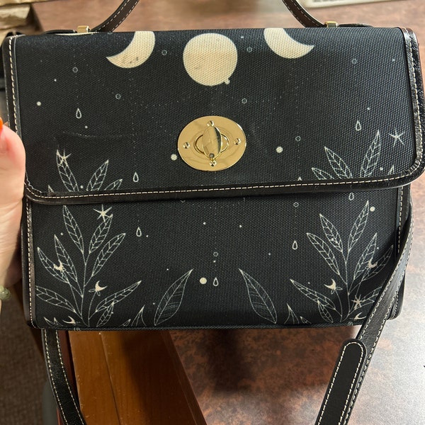 Cottagecore Celestial Moon Black Canvas Satchel Bag, Cute Women Nature ...