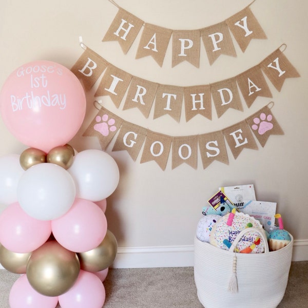 Happy Birthday Paw Print Burlap Banner, Pet Happy Birthday Dog ...