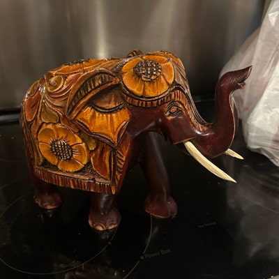 Hand Carved Wooden Elephant, Wooden Elephant Statue, Elephant Figurine ...