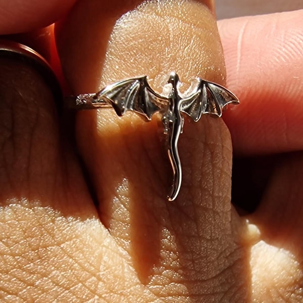 Tiny Flying Dragon Ring in Sterling Silver, Adjustable Size, Dragon Ring, Sterling Silver Dragon ...