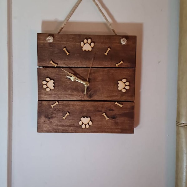 Reclaimed Pallet Wood Dog Clock - Paw Prints and Bones With Optional ...
