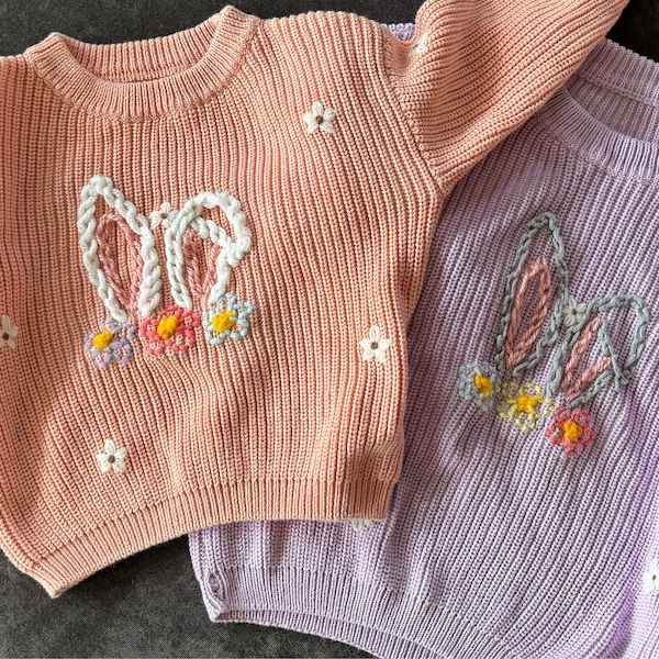 DIY Easter Embroidered Sweater, Bunny Stick and Stitch, Knit Sweater ...