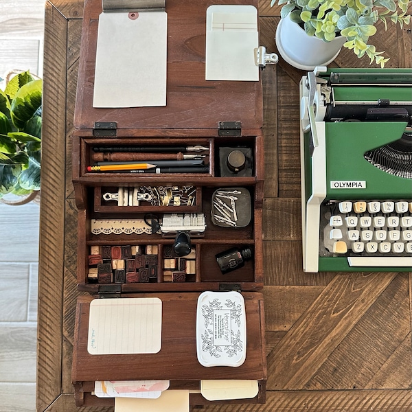 10-1/2" Writing Lap Desk, Antiqued Teak Wood, Aged Paper, Nib Pen ...