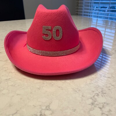 Pink Cowboy Hat With Rhinestone Fringe and Rhinestone Hat Band, Bridal ...