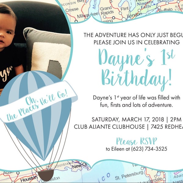 Travel Birthday Invitation Map Invitation Hot Air Balloon Invitation ...