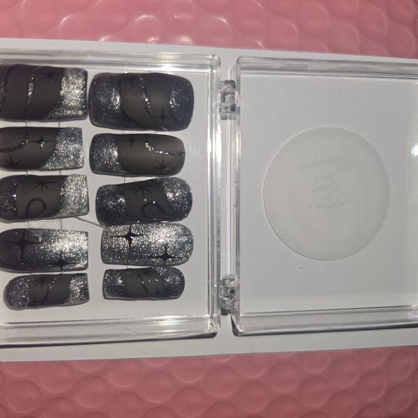 Black Stars Press on Nails, Black Coffin Nails, Custom Fake Nails, Handpainted False Nails ...