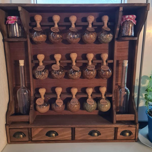 Wooden Spice Rack Vintage Style Kitchen Storage With 20 Glass Spice ...