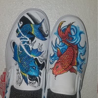 Black and White Japanese Koi Fish With Wave Design in Black Vans Slip ...