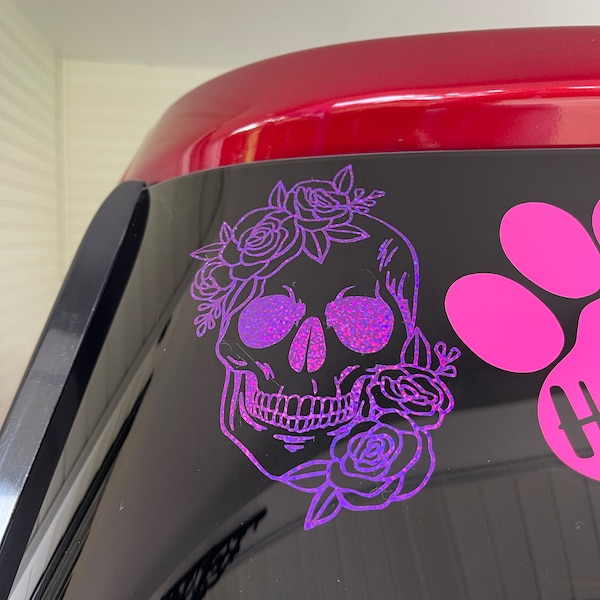 Skull Flower Decal, Holographic Floral Skull Decal, Laptop Stickers ...