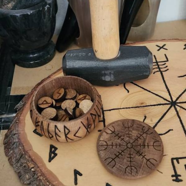 Hand Turned Alder Wood Box of 24 Dark Wood Runes Round Small Rune Set ...
